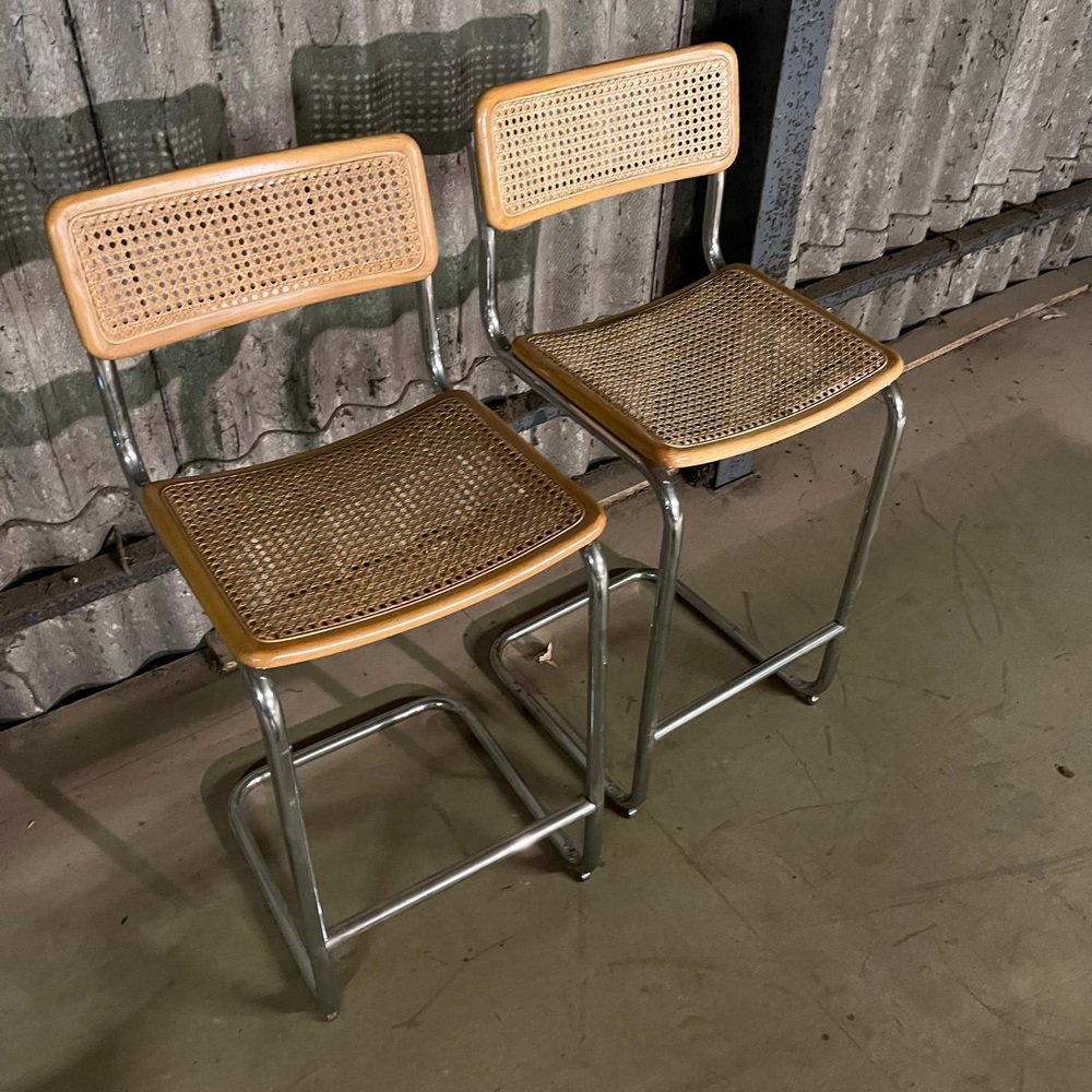 Set of Chrome & Cane Bar Stools for sale at Pamono