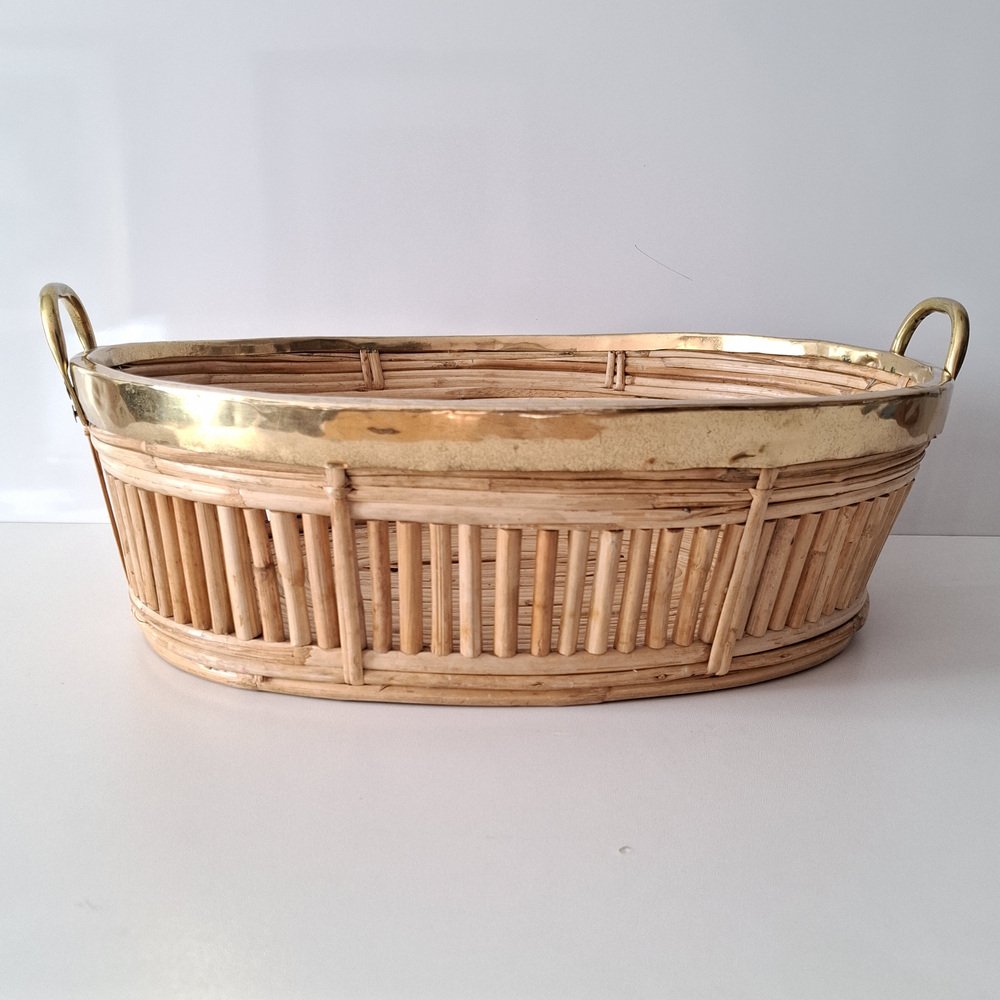 Oval Serving Basket in Rattan and Brass by Gabriella Crespi, 1970s for ...
