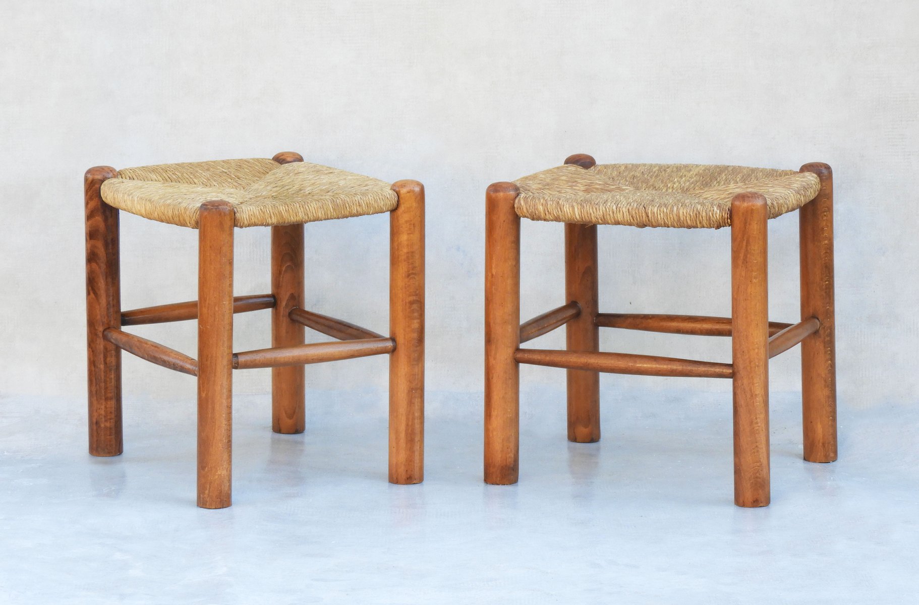 Set of Beech and Rush Tabouret Stools in the style of Charlotte ...