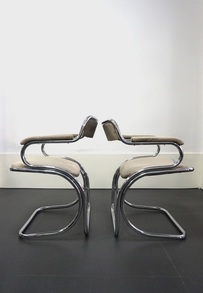 Set of Curved Chromed Steel Chairs, 1970s for sale at Pamono