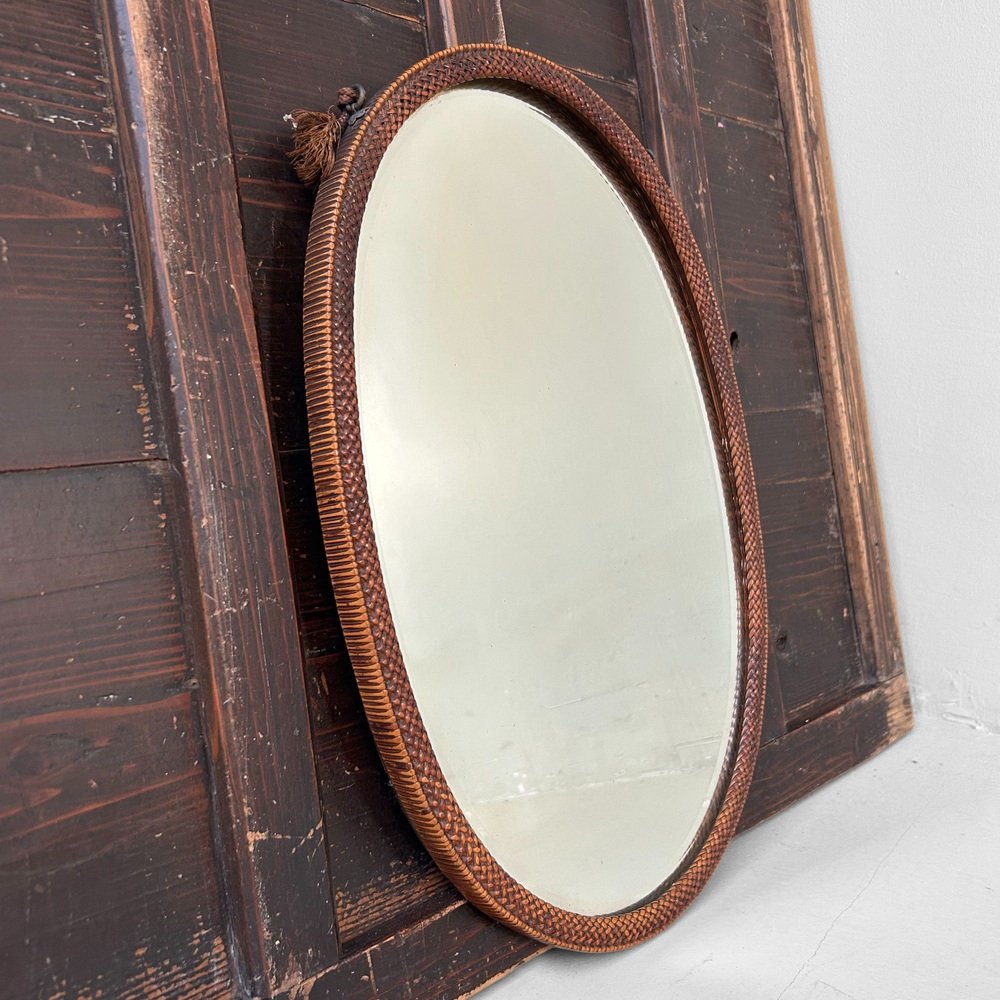 Japanese Oval Mirror with Woven Rattan Frame, 1930s for sale at Pamono