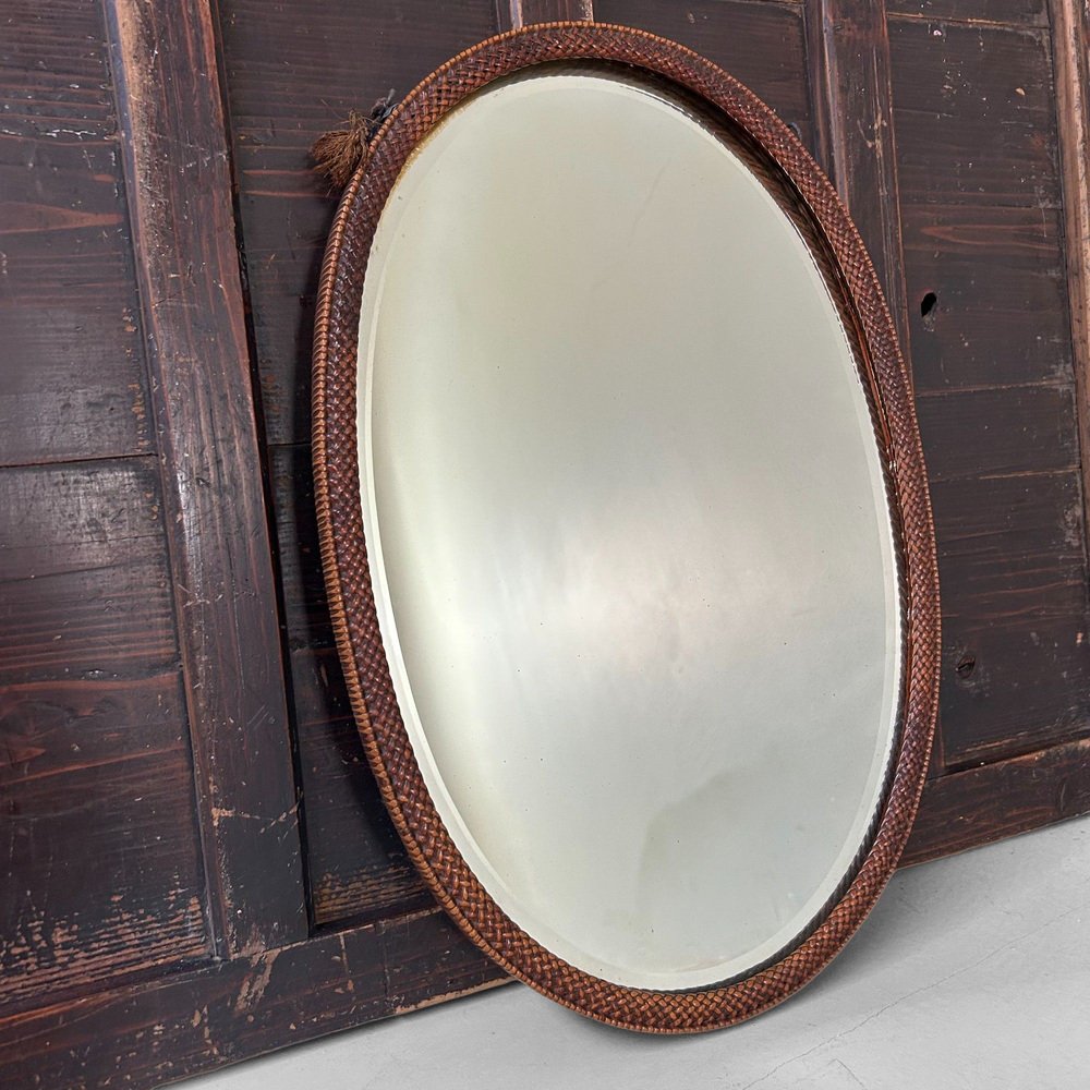 Japanese Oval Mirror with Woven Rattan Frame, 1930s for sale at Pamono