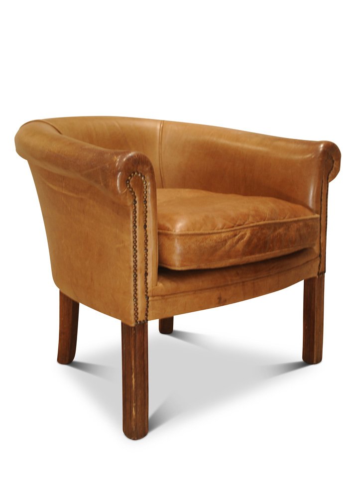 Art Deco Tan Leather Tub Chair, 1990s for sale at Pamono