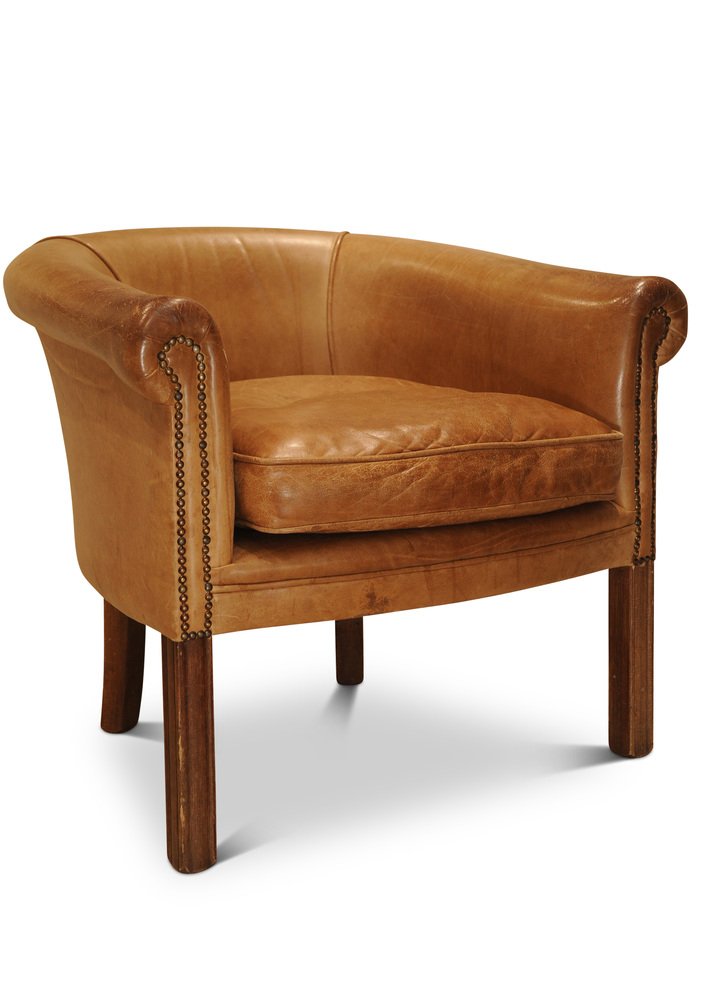 Art Deco Tan Leather Tub Chair, 1990s for sale at Pamono