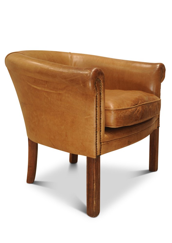 Art Deco Tan Leather Tub Chair, 1990s for sale at Pamono
