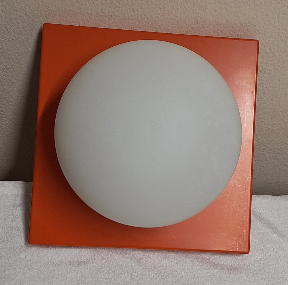 German Orange Metal Bracket Ceiling Lamp with Opaque White Glass Shade ...