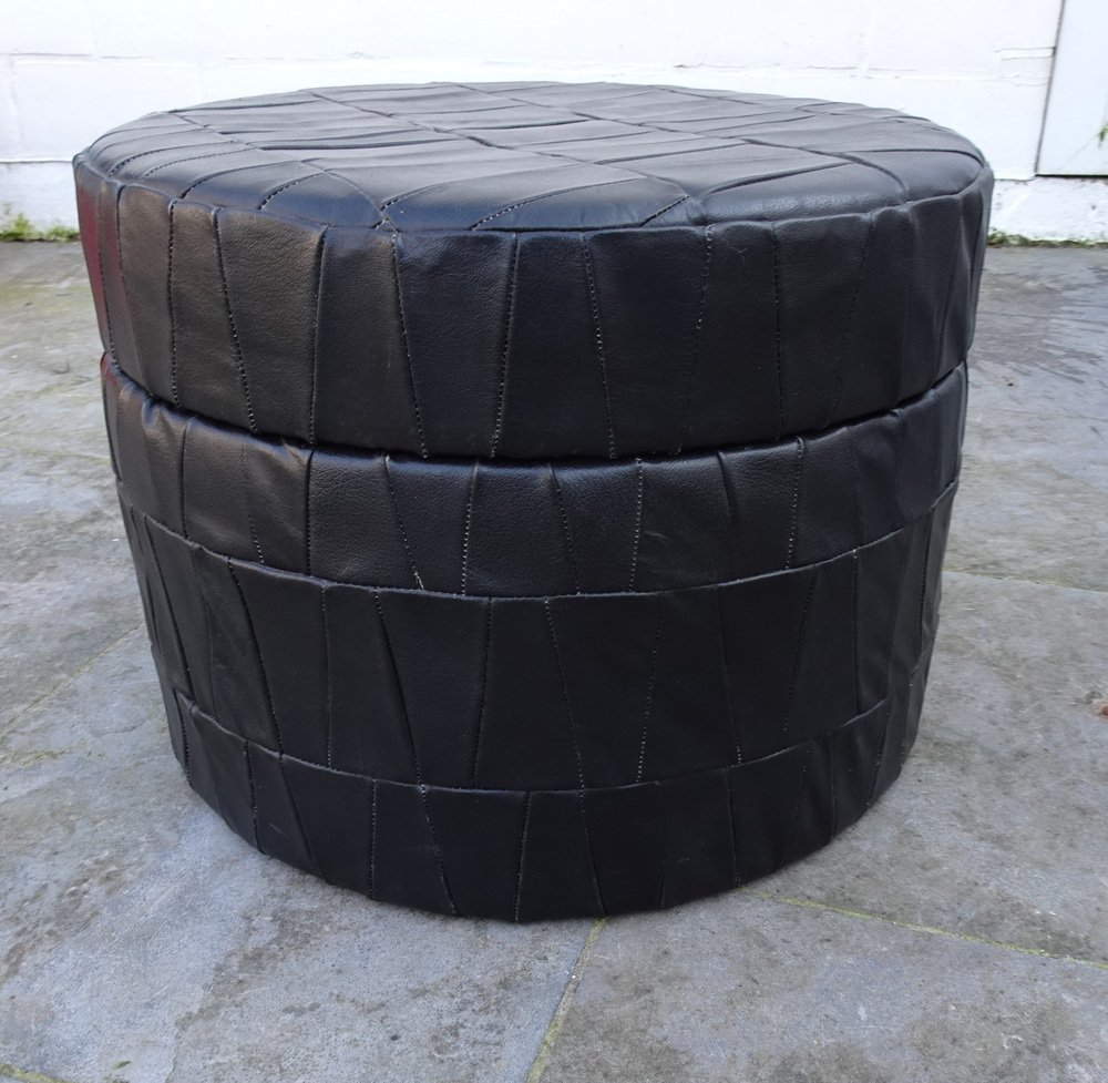 Vintage Handmade Black Leather Patchwork Storage Ottoman, 1970s for ...