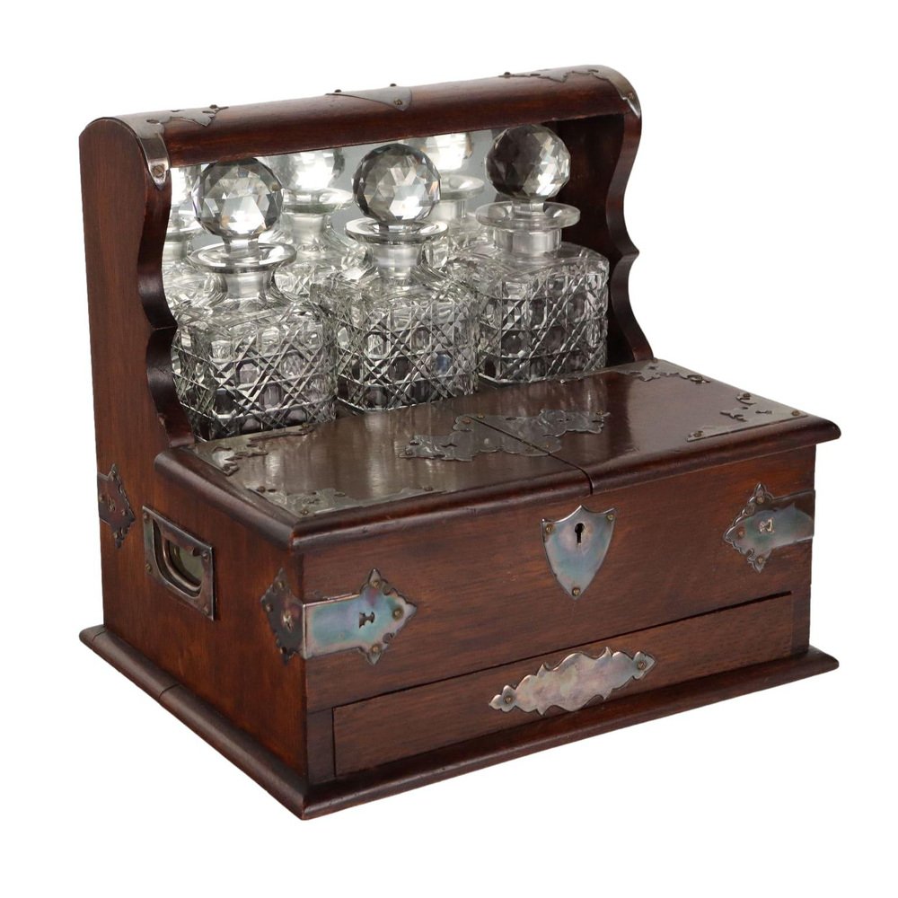 Antique Liquor Box in Oak and Metal for sale at Pamono