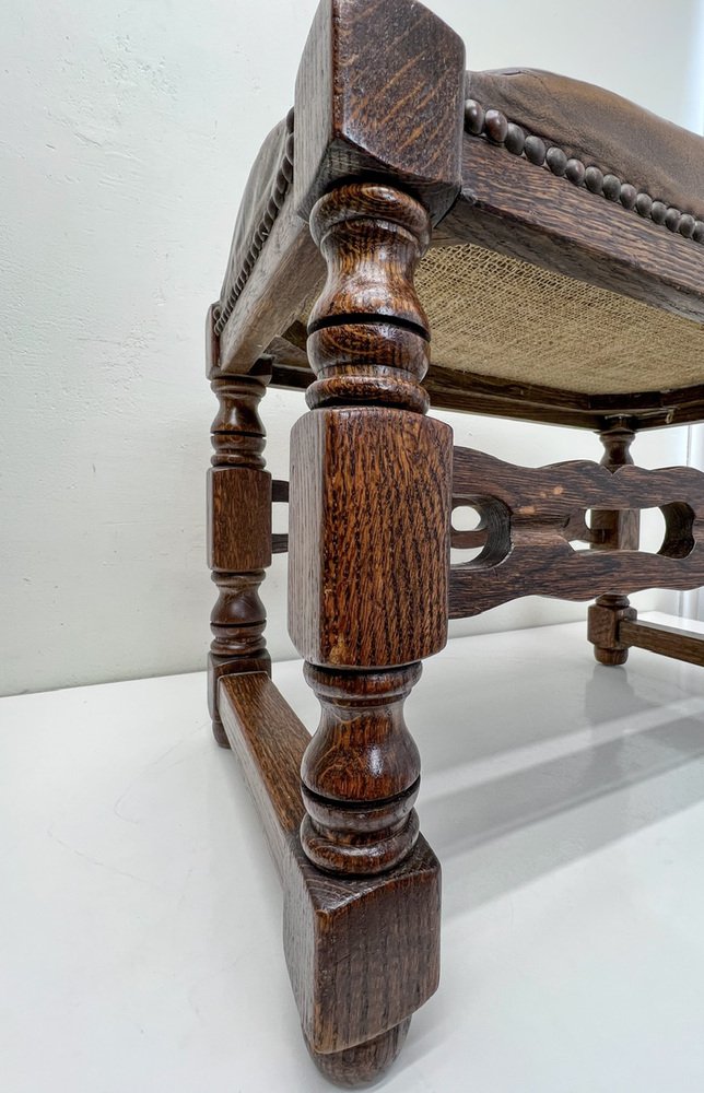 Baroque Spanish Carved Wood and Leather Stool, 1950s for sale at Pamono