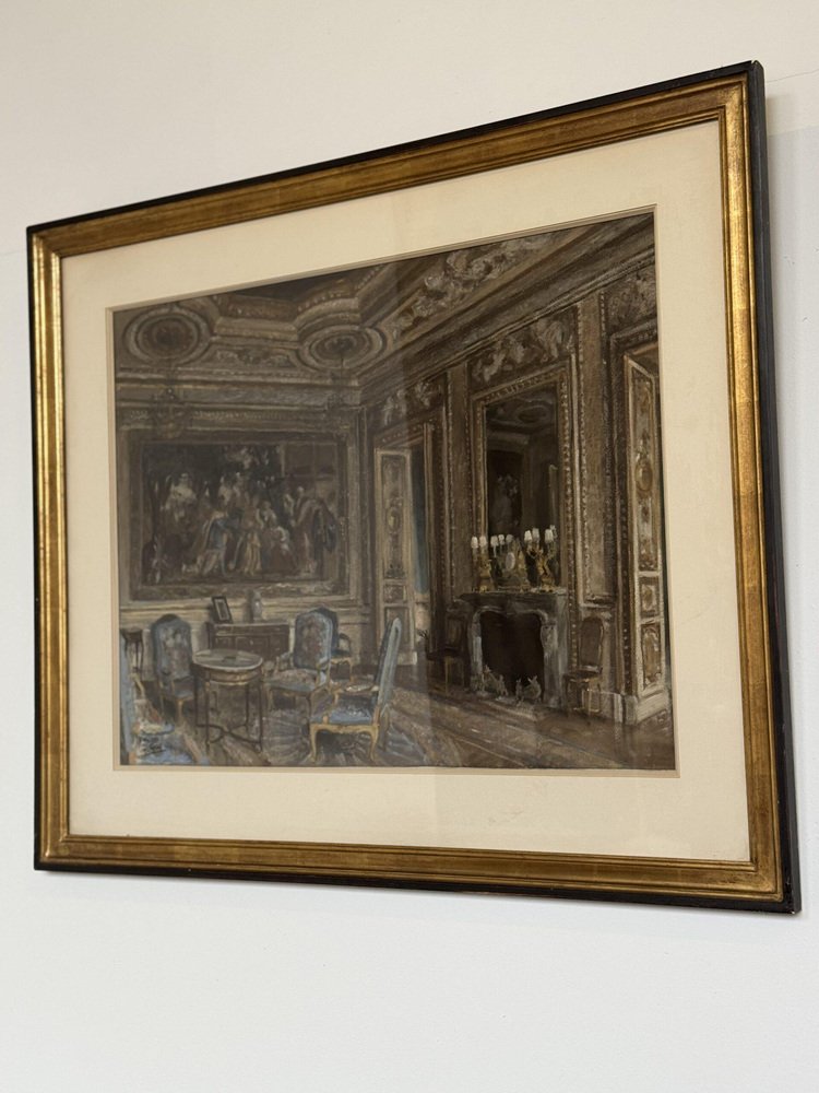 Drawing Room in French Chateau, Pastel Chalk, 1920s-1940s, Framed for ...