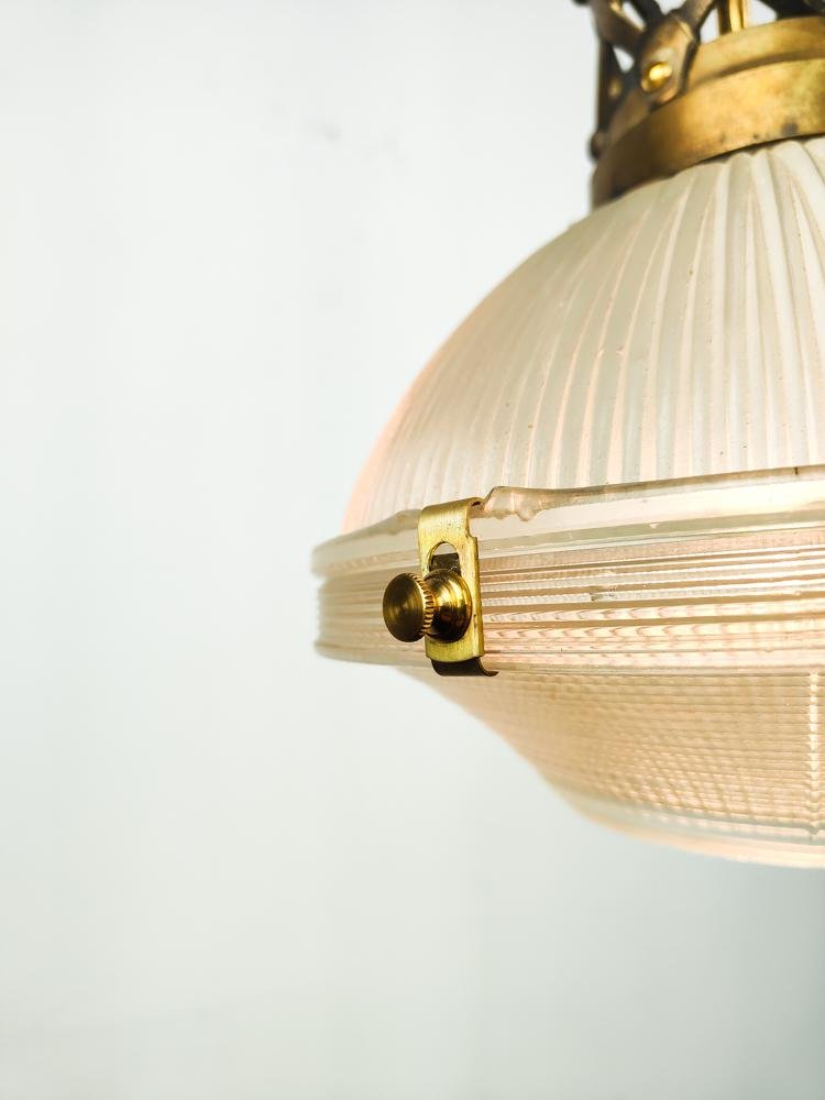 Antique French 2 Part Glass Holophane Pendant Light, 1920s for sale at Pamono