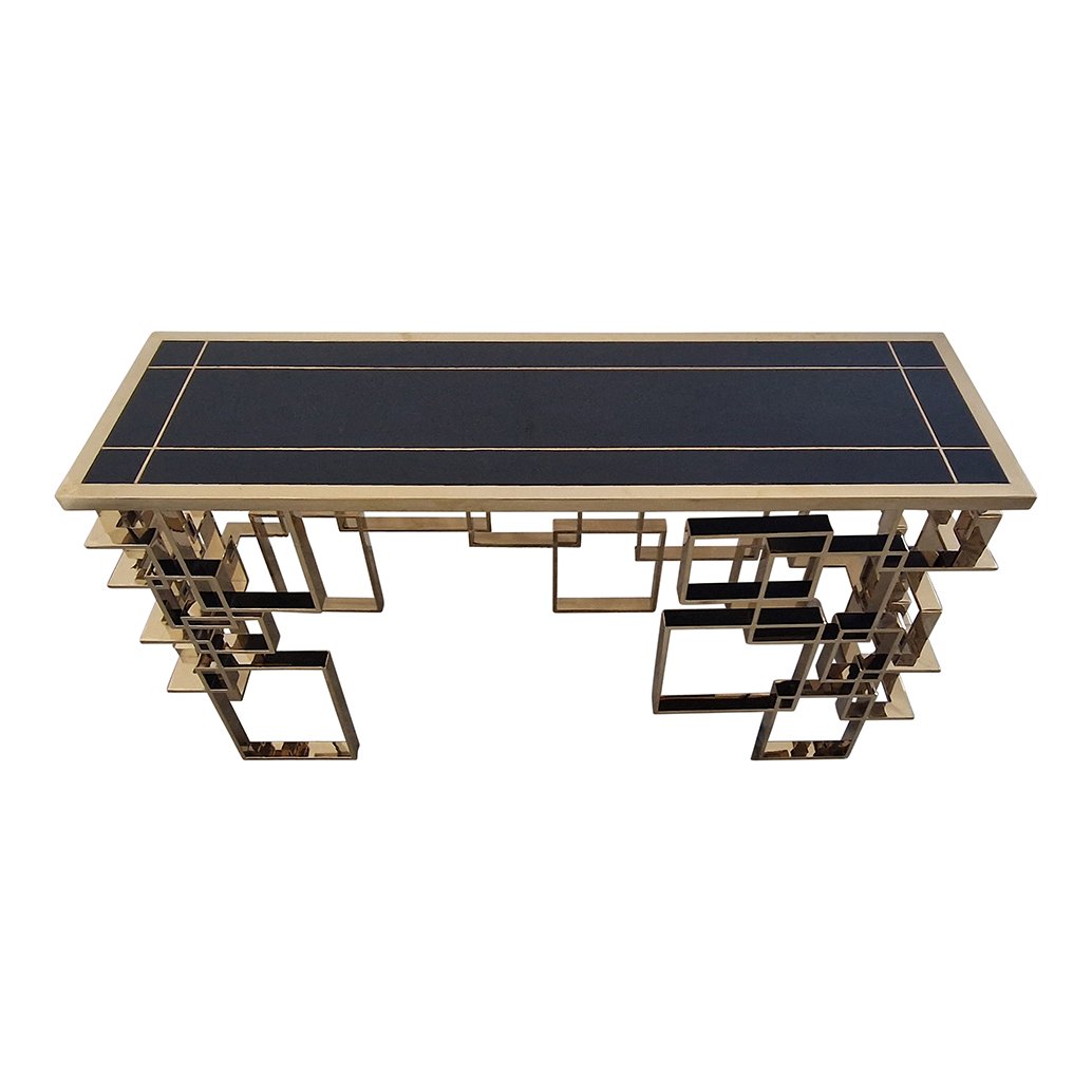 Double-Sided Console in Chrome and Gilt Steel with Black Murano Glass ...