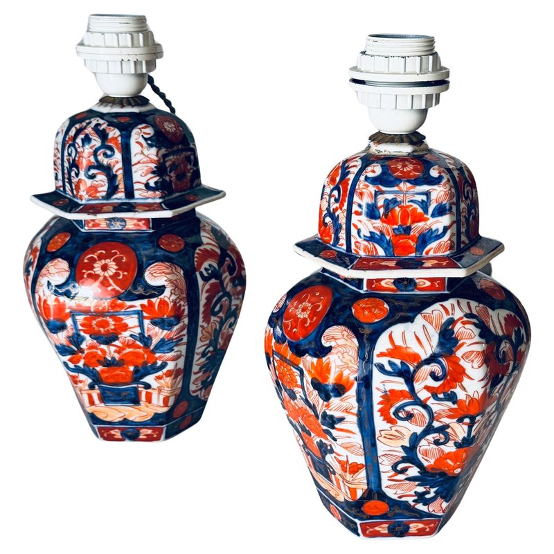 Early 20th-Century Japanese Table Lamps with Floral Motifs in Orange ...