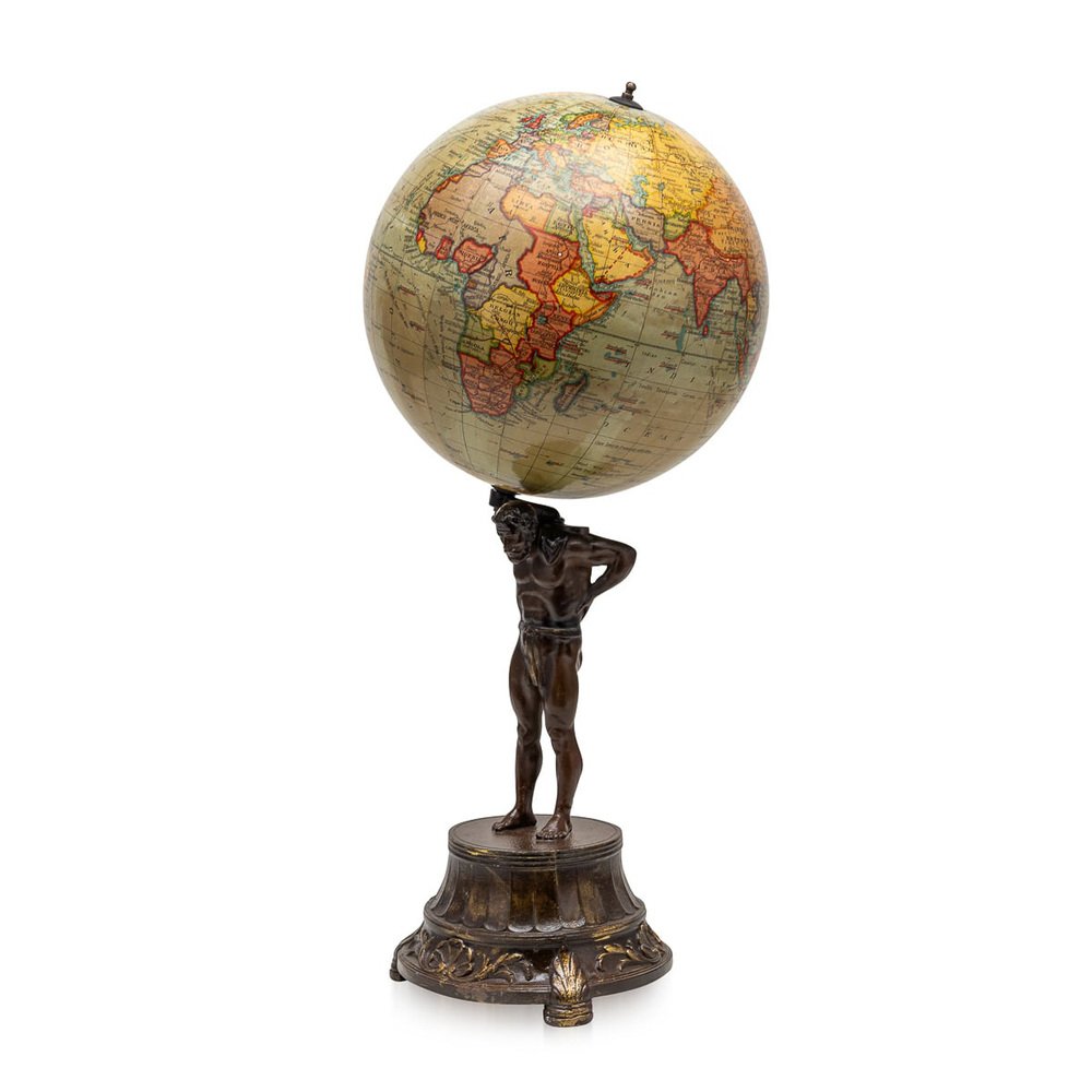 British Geographica Globe Held with Bronze Atlas Statue, 1920 for sale ...