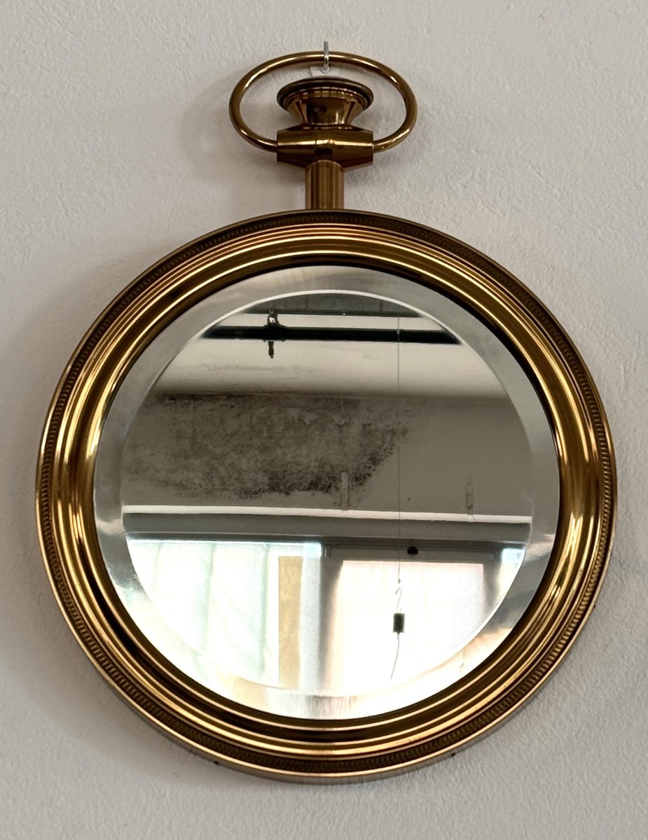 Large Vintage Italian Pocket Watch Mirror in Brass and Cut Glass by ...