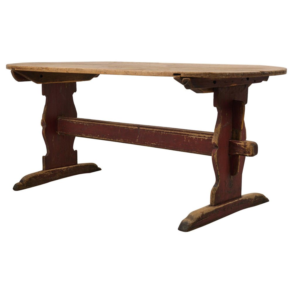 Antique Swedish Folk Art Pine Hand-Crafted Trestle Table for sale at Pamono