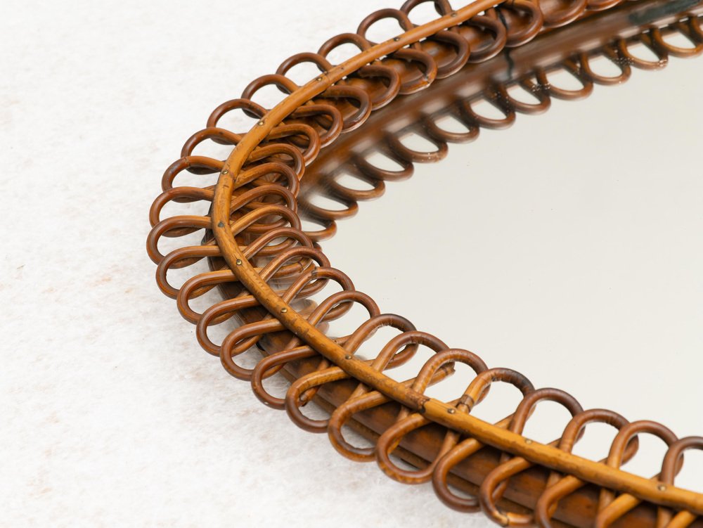 Rattan and Bamboo Teardrop Mirror, 1950s for sale at Pamono