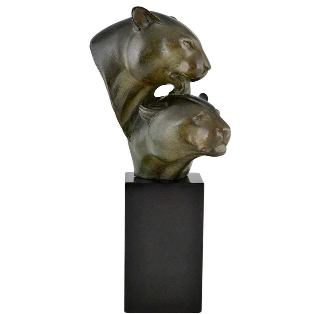 Irenee Rochard, Art Deco Sculpture with Two Panther Heads, 1930, Bronze ...