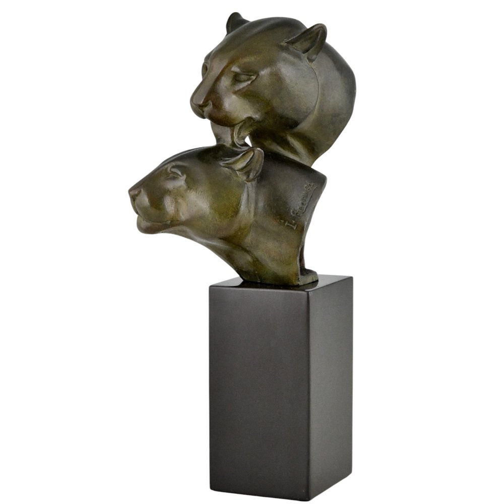 Irenee Rochard, Art Deco Sculpture with Two Panther Heads, 1930, Bronze ...