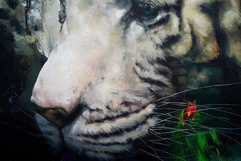 White Tiger with Koi Fish, 2024, Oil Painting for sale at Pamono