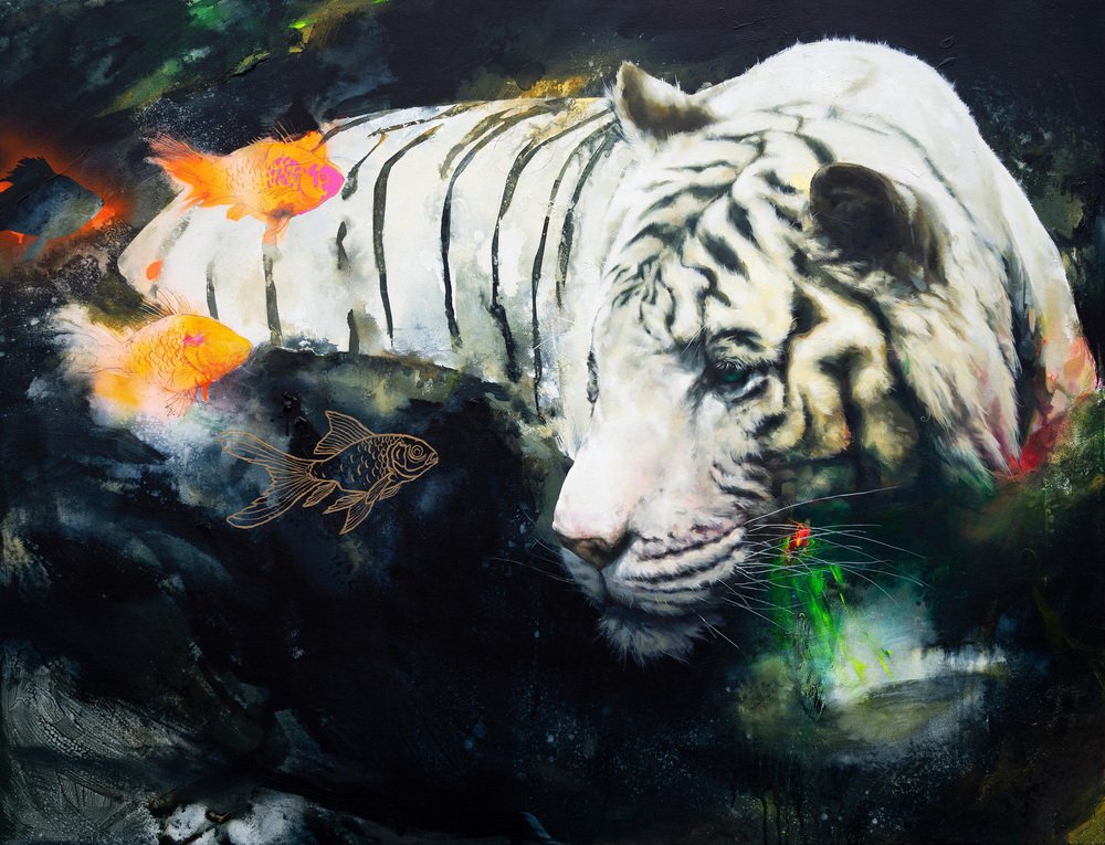 White Tiger with Koi Fish, 2024, Oil Painting for sale at Pamono