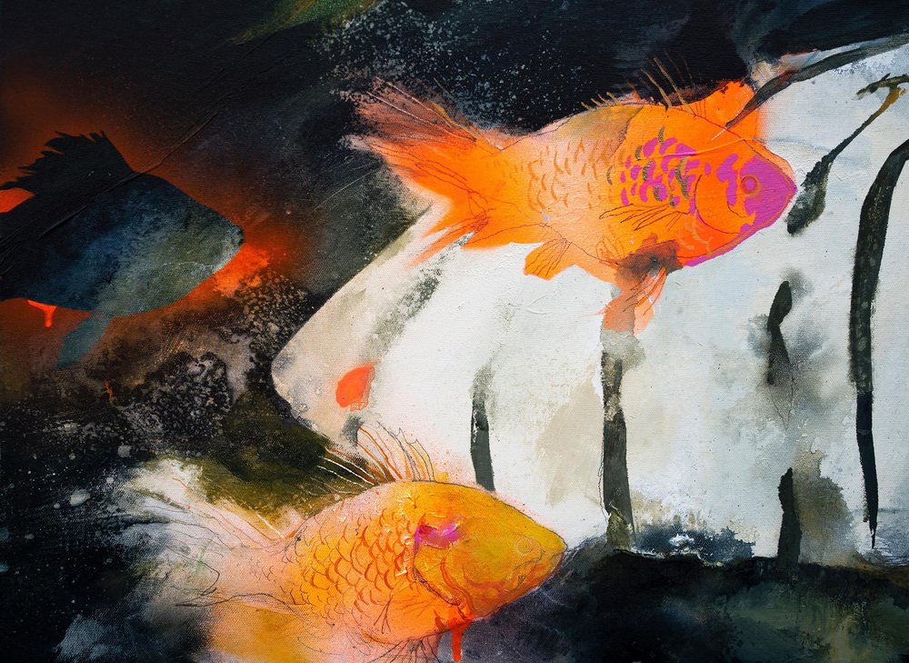 White Tiger with Koi Fish, 2024, Oil Painting for sale at Pamono