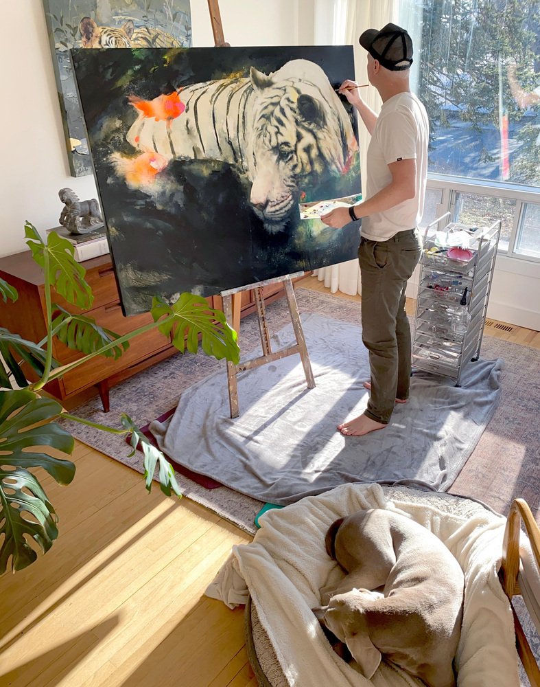 White Tiger with Koi Fish, 2024, Oil Painting for sale at Pamono