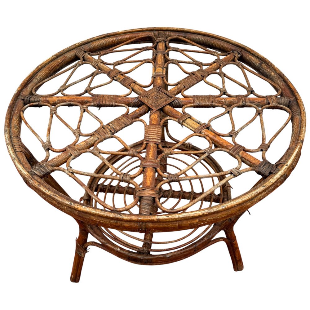 Vintage Rattan Round Table, 1950s for sale at Pamono