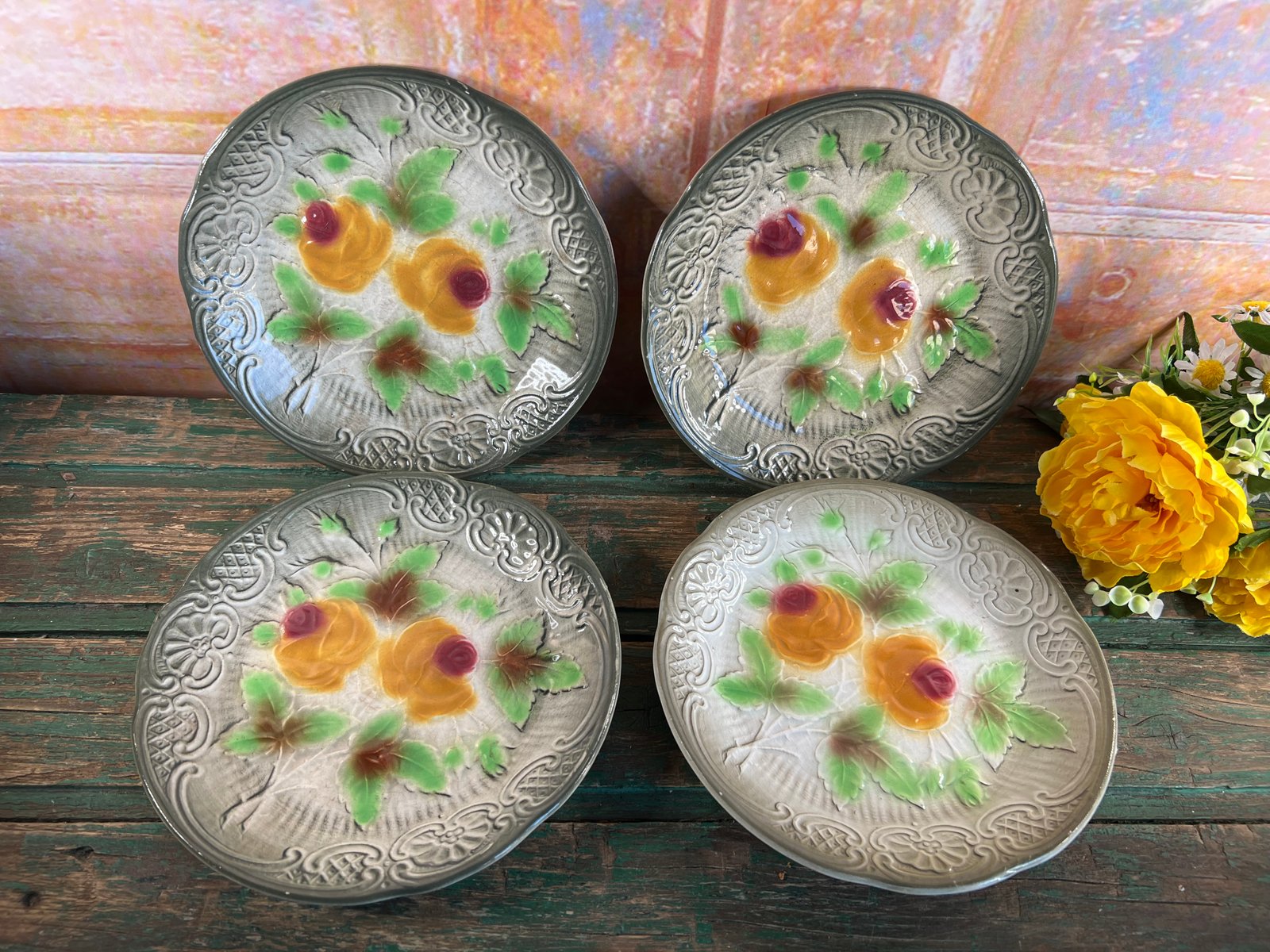 Antique Barbotine Plates, 1890s, Set of 4 for sale at Pamono