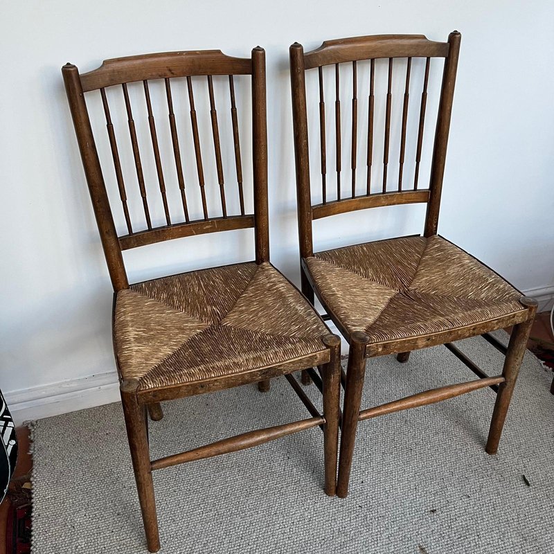 Set of Arts and Crafts Rush Seated Spindle Back Chairs for sale at Pamono