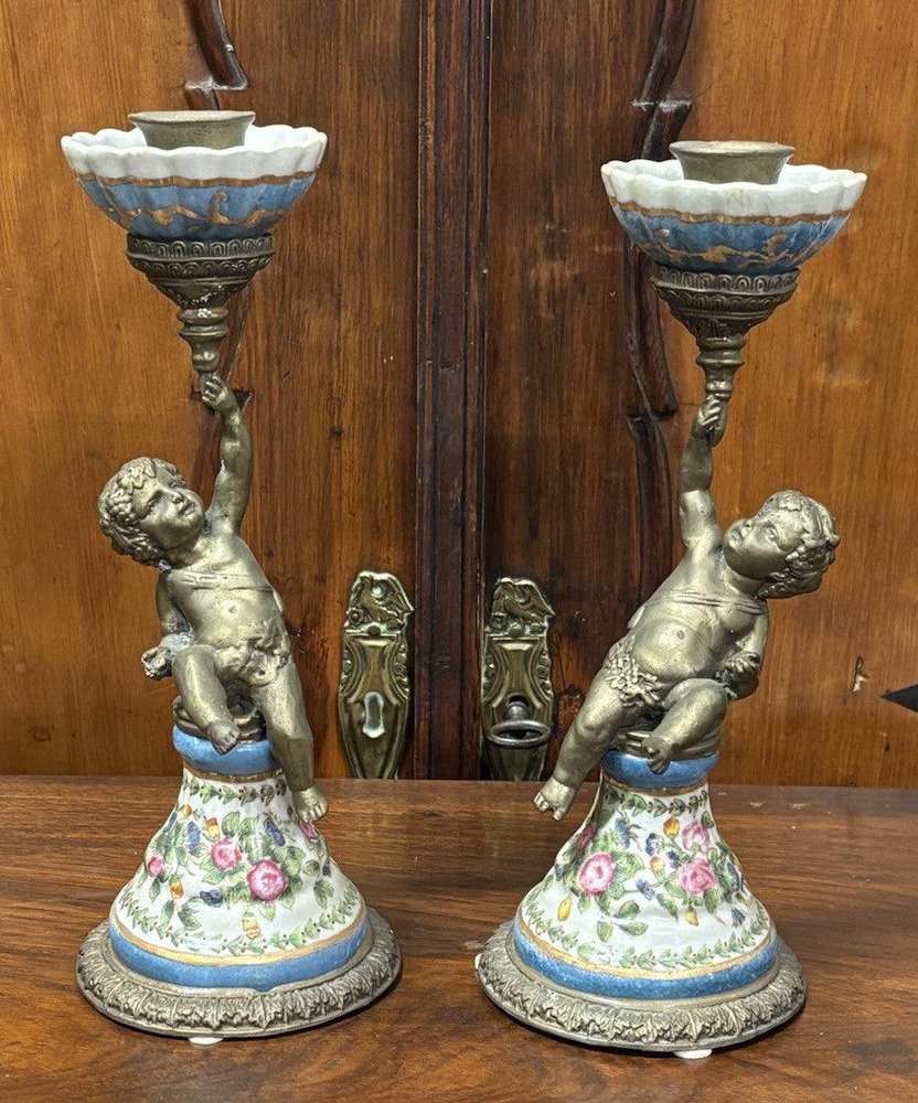 Cherub Candlesticks in Porcelain and Ormolu for sale at Pamono