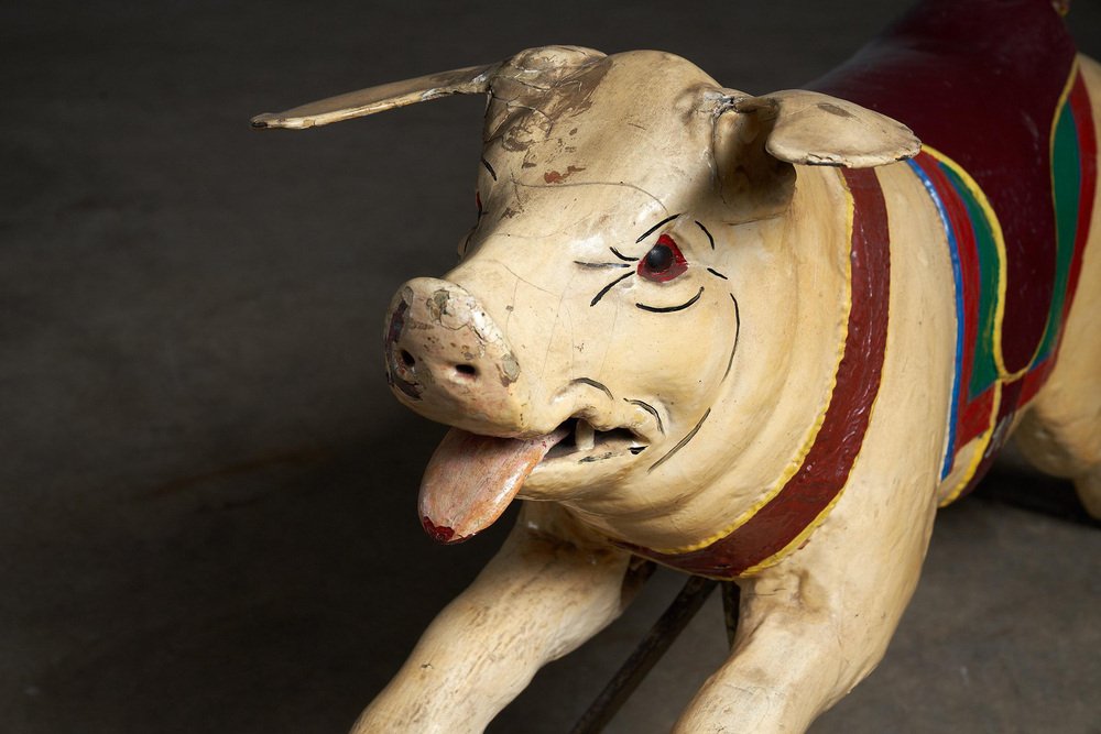 Pig Carousel Figure in Carved Wood, 1950s for sale at Pamono