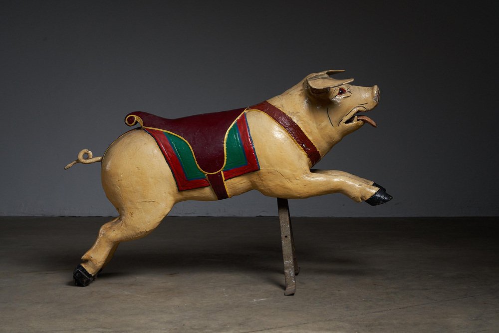 Pig Carousel Figure in Carved Wood, 1950s for sale at Pamono