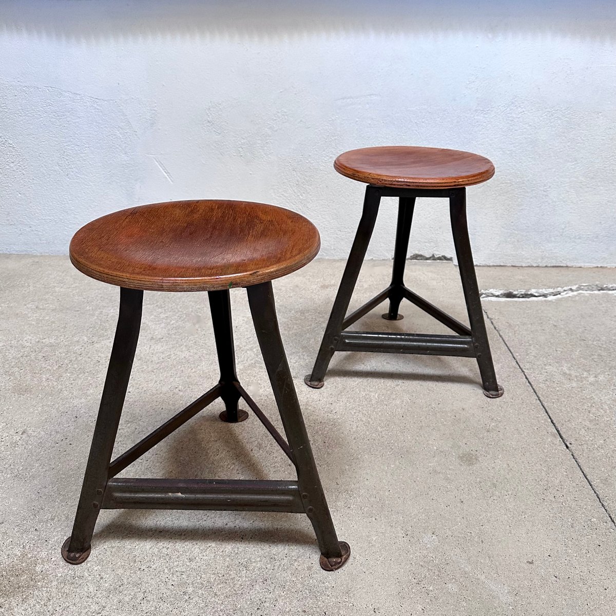 Set of Industrial Atelier Stools with Steel Frames and Plywood Seats ...