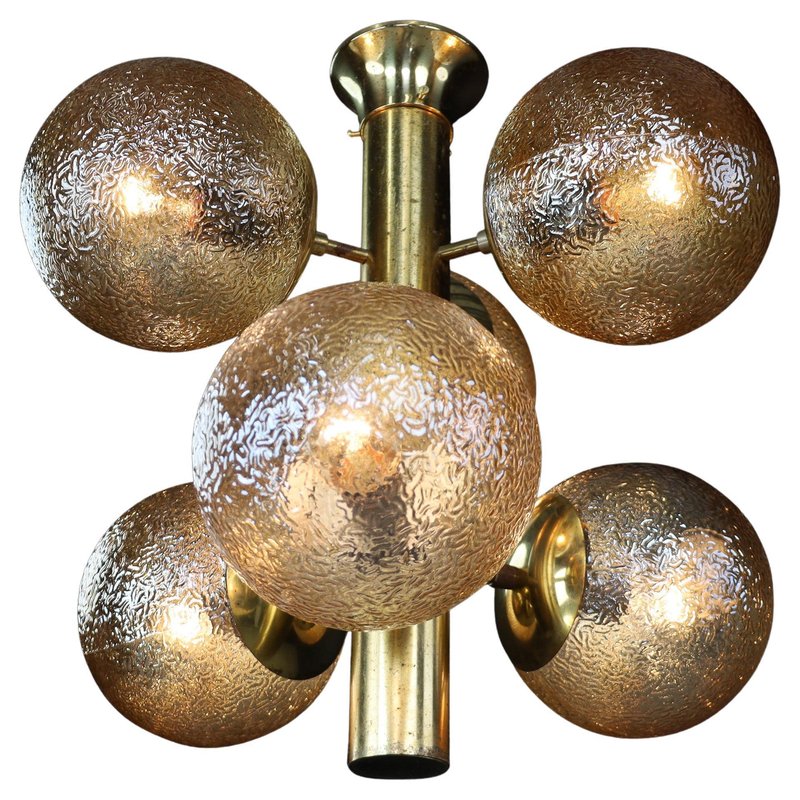 Lustre Sputnik en Laiton Patiné avec Six Globes Dorés de Kaiser Idell ...