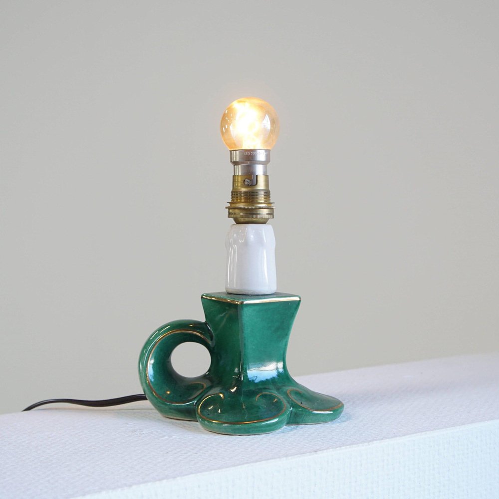 Vintage French Green Ceramic Lamp with Gold Accents for sale at Pamono