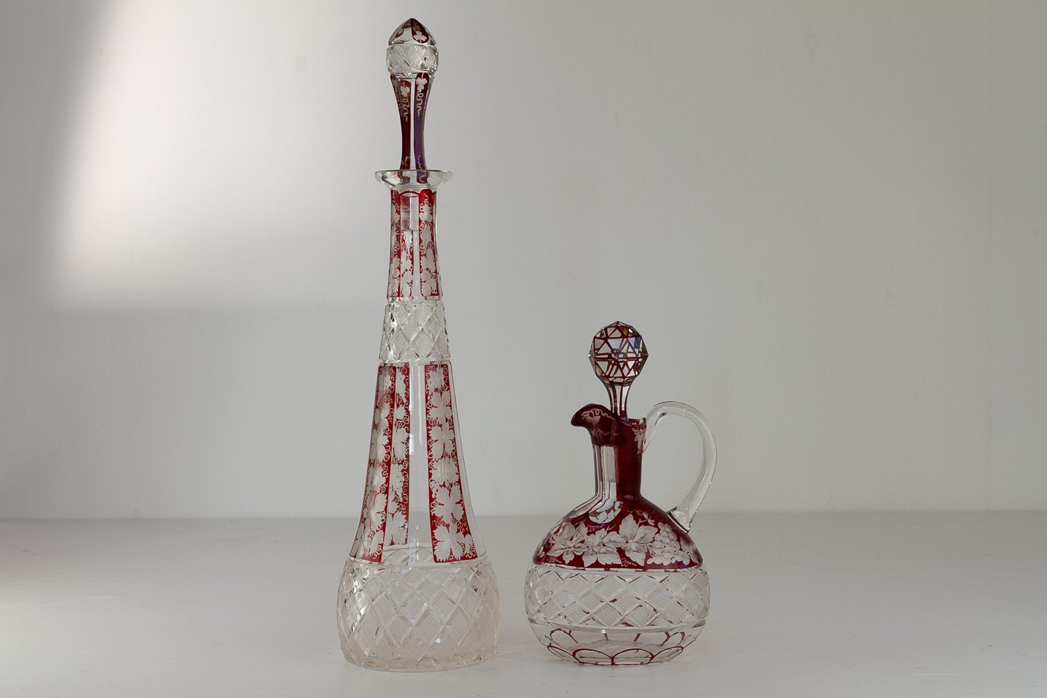 Bohemian Crystal Ruby Decanters with Wine Leaves, 1920s, Set of 2 for ...