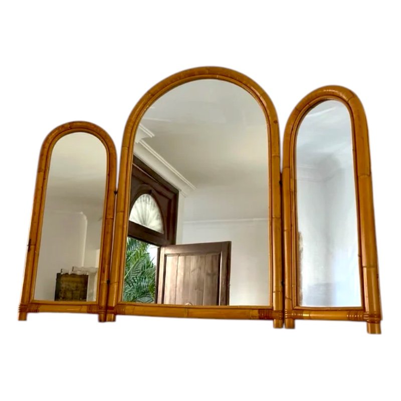 Vintage Spanish Bamboo Triptych Mirror for sale at Pamono