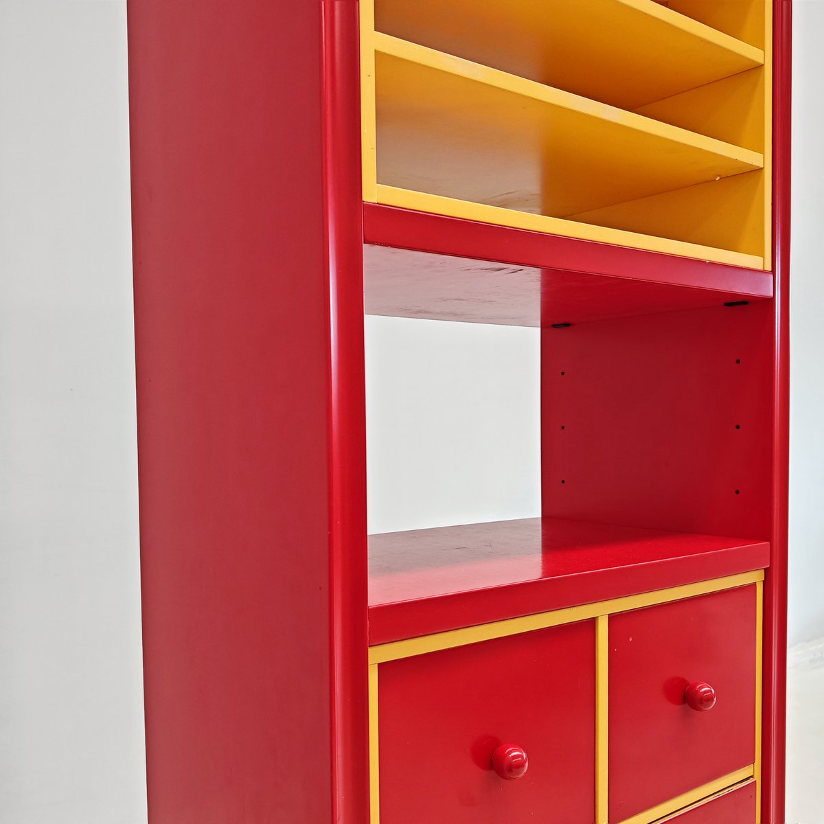 Vintage Yellow and Red Lacquered Vinyl Bookcase, 1980s for sale at Pamono