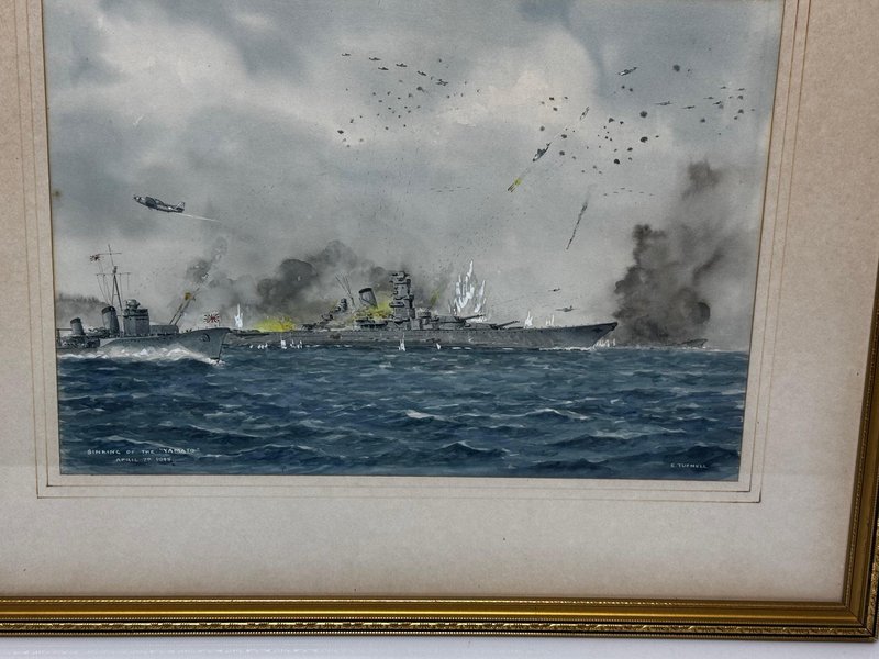 Eric Tuffnell, Painting of Naval Battle Sinking of Battleship Yamato April 1945, 1960s ...