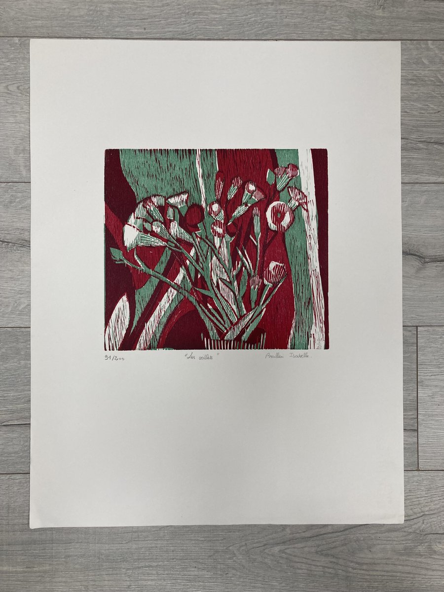 Isabelle Boullin, Les Oeillets, 1990, Woodblock Print for sale at Pamono