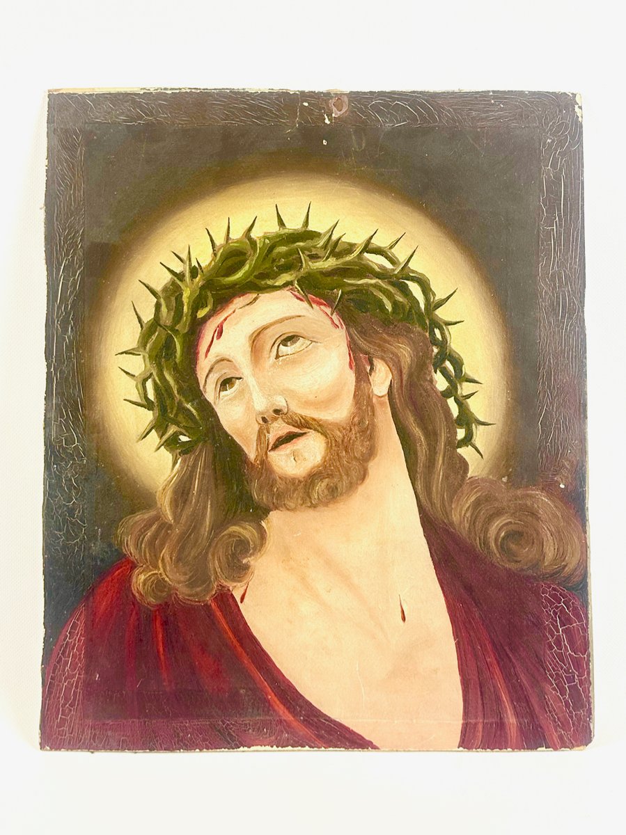 The Face of Christ Jesus with Crown of Thorns, Oil on Cardboard, 19th ...