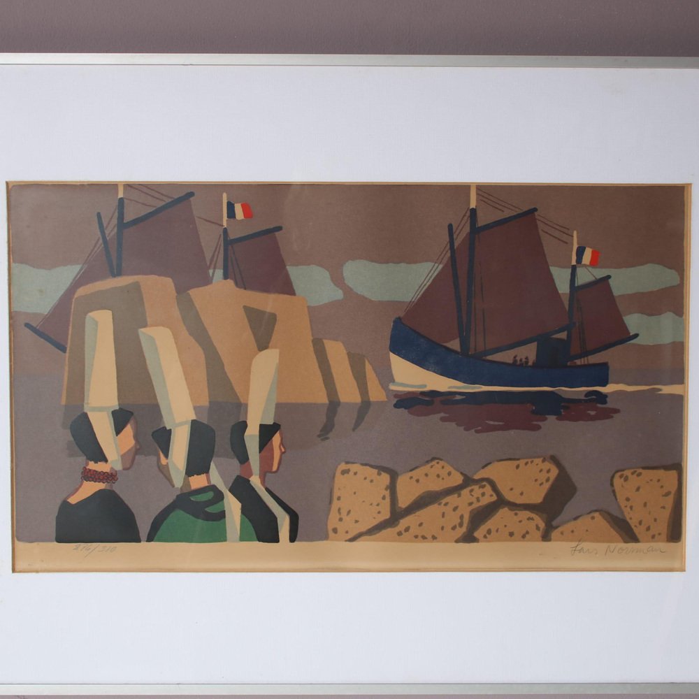 Lars Norrman, Coastal Scene, 1950s, Lithograph, Framed for sale at Pamono