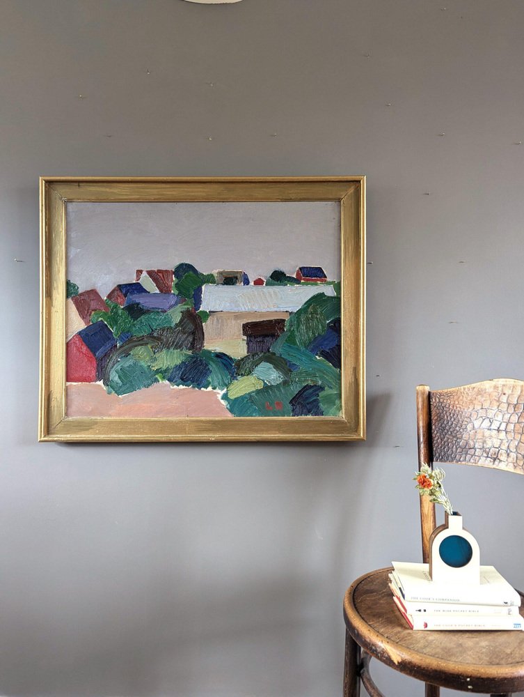 Hillside Houses, 1950s, Oil Painting, Framed for sale at Pamono
