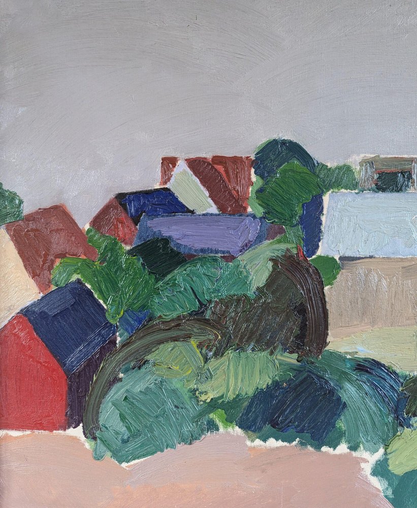 Hillside Houses, 1950s, Oil Painting, Framed for sale at Pamono