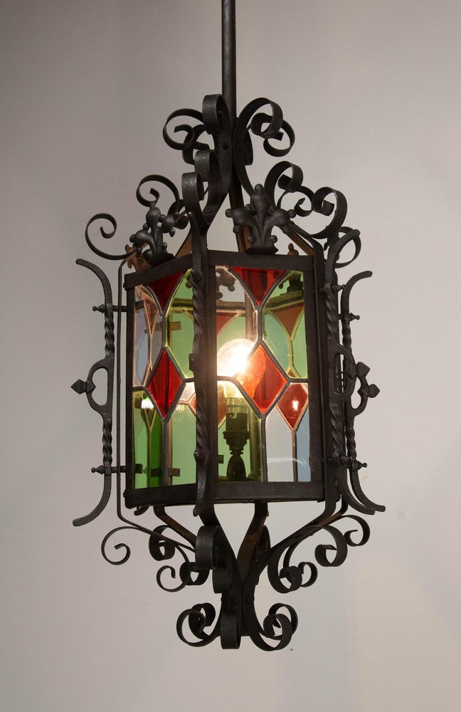 French Lustre Colored Glass and Wrought Iron Pendant for sale at Pamono