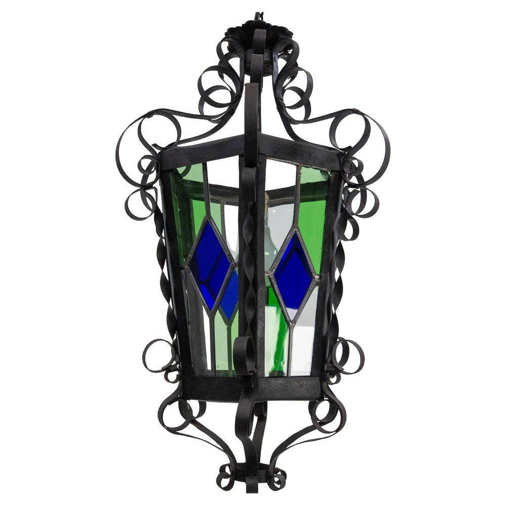 French Lustre Colored Glass and Wrought Iron Pendant for sale at Pamono