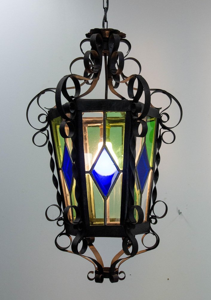 French Lustre Colored Glass and Wrought Iron Pendant for sale at Pamono