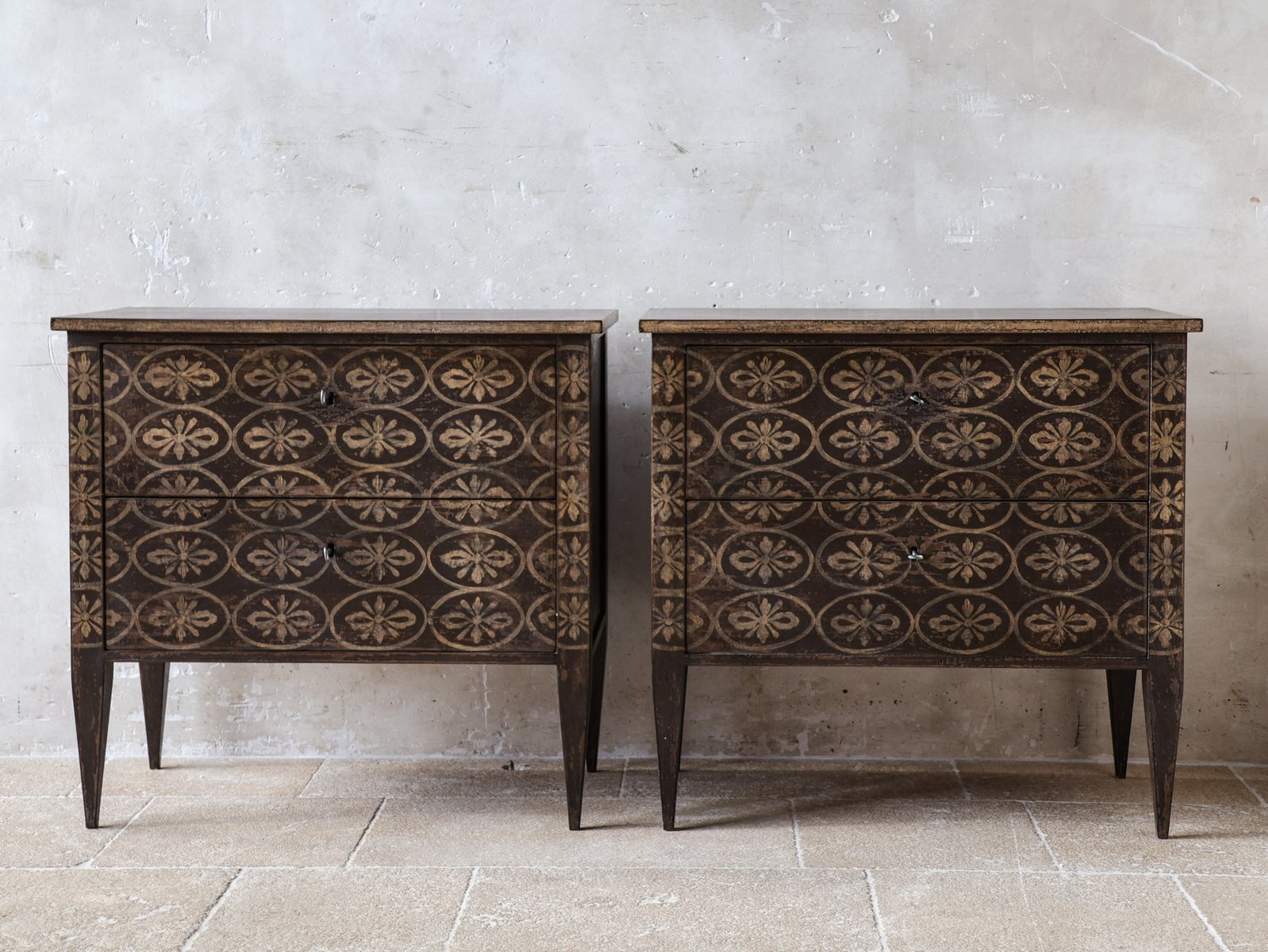 Neoclassical French Country Bedside Tables with Pattern in a Brown and ...