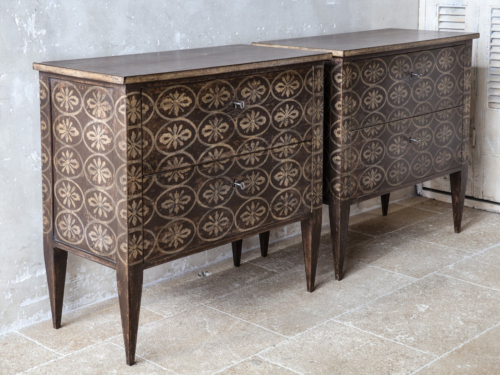Neoclassical French Country Bedside Tables with Pattern in a Brown and ...